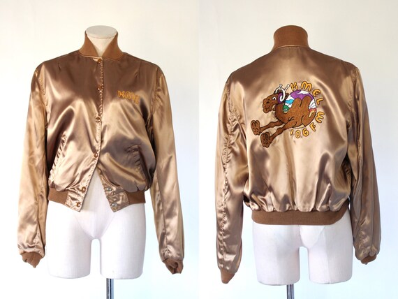 1980s KMEL 106 FM Gold Satin Embroidered Bomber Jacke… - Gem