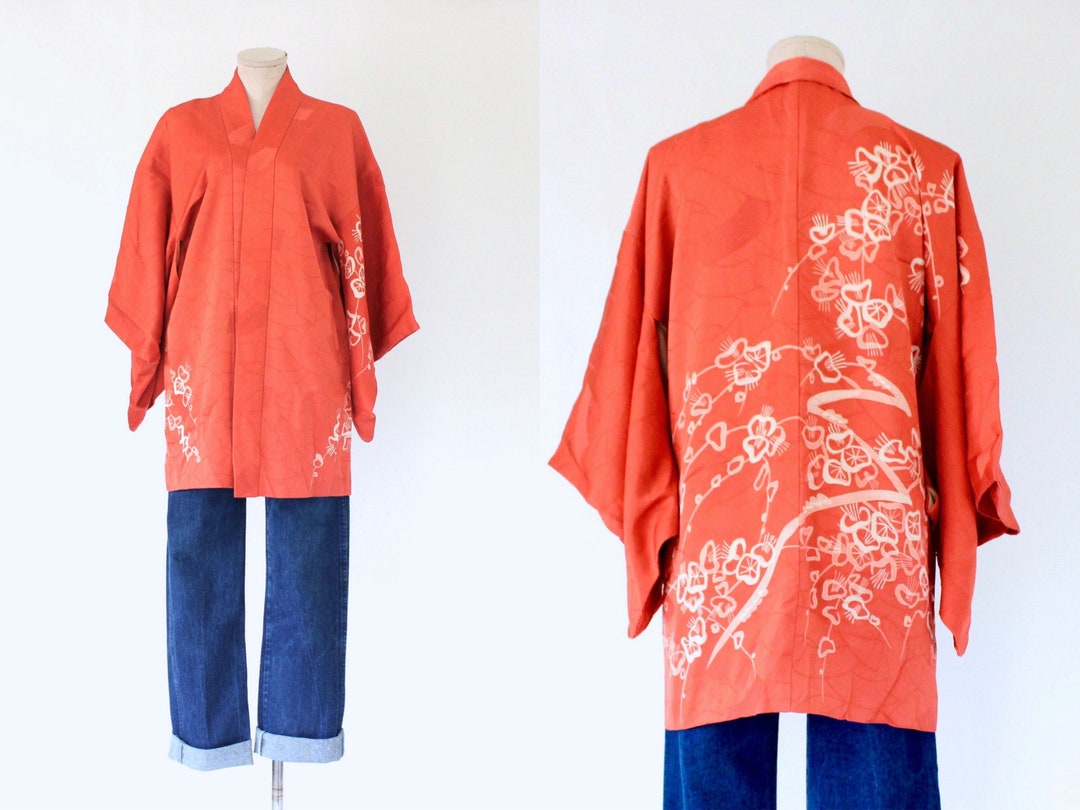 Vintage Japanese Coral Silk Haori Kimono Jacket Traditional Yuzen Dye ...