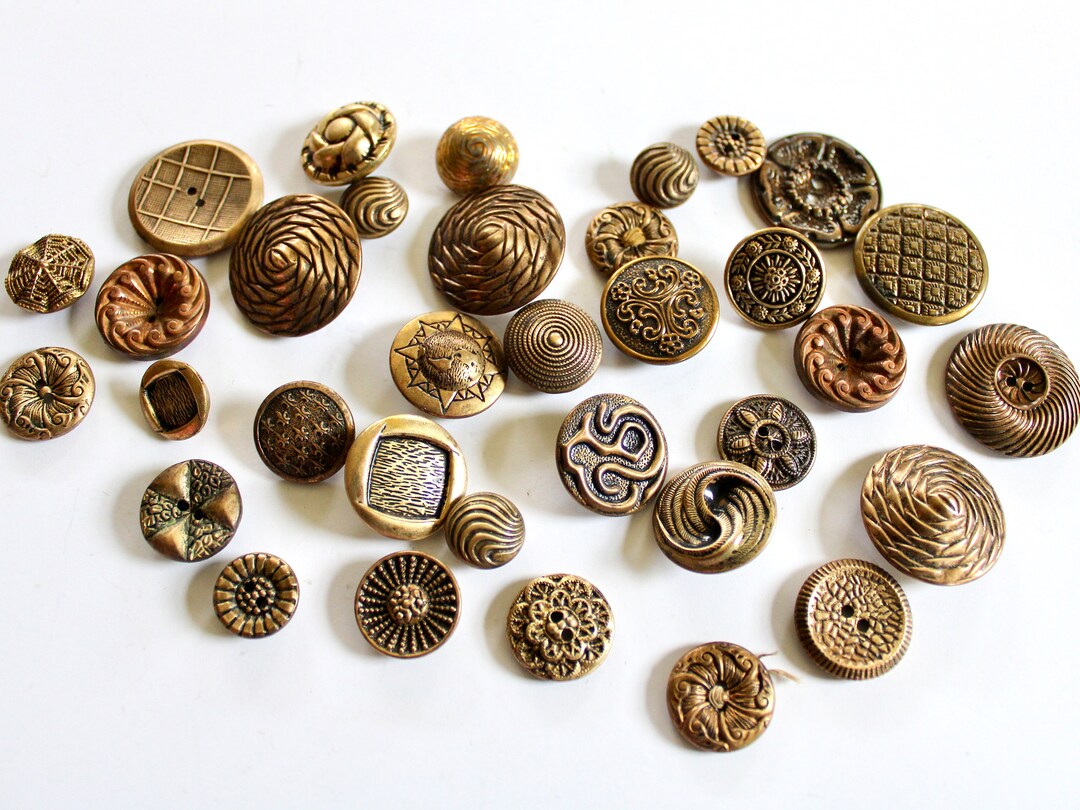 34 Antique Gold Tone Metal Button Collection - Two Piece Brass Copper ...