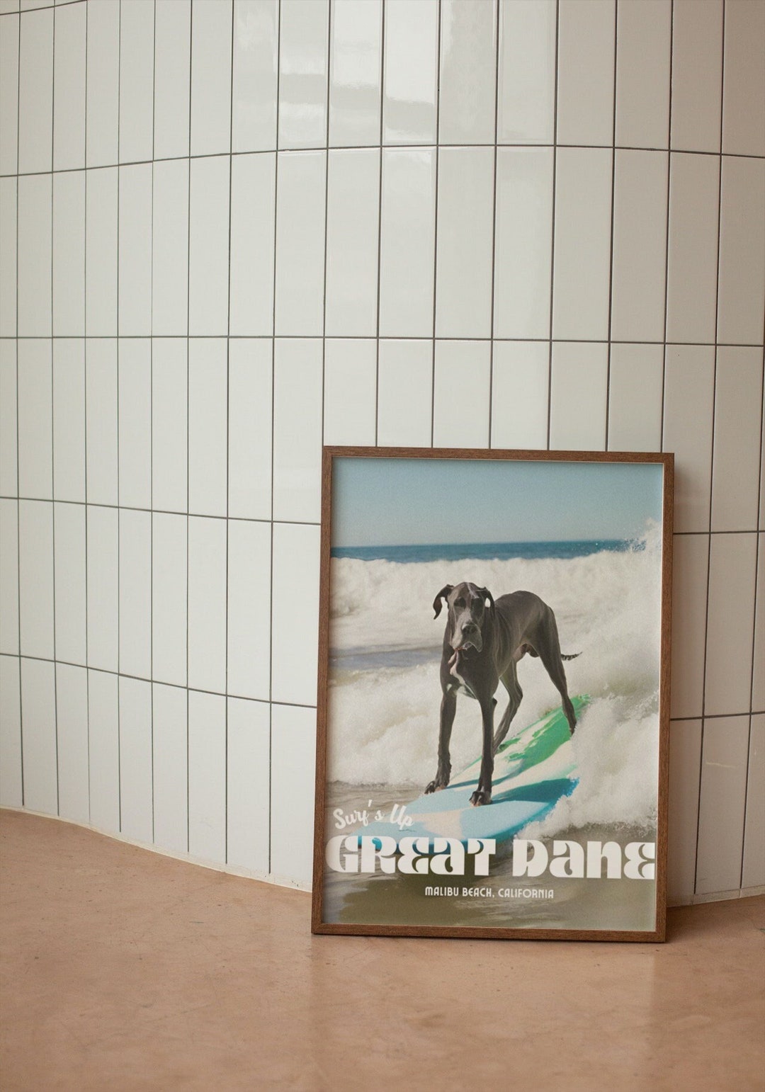 Great Dane Dog Surfing Poster, Custom Pet Portrait, Surf Print, Coastal ...