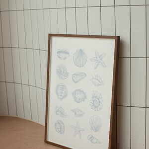 Coastal Light Blue Print, Seashells Wall Art, Beach House Decor ...