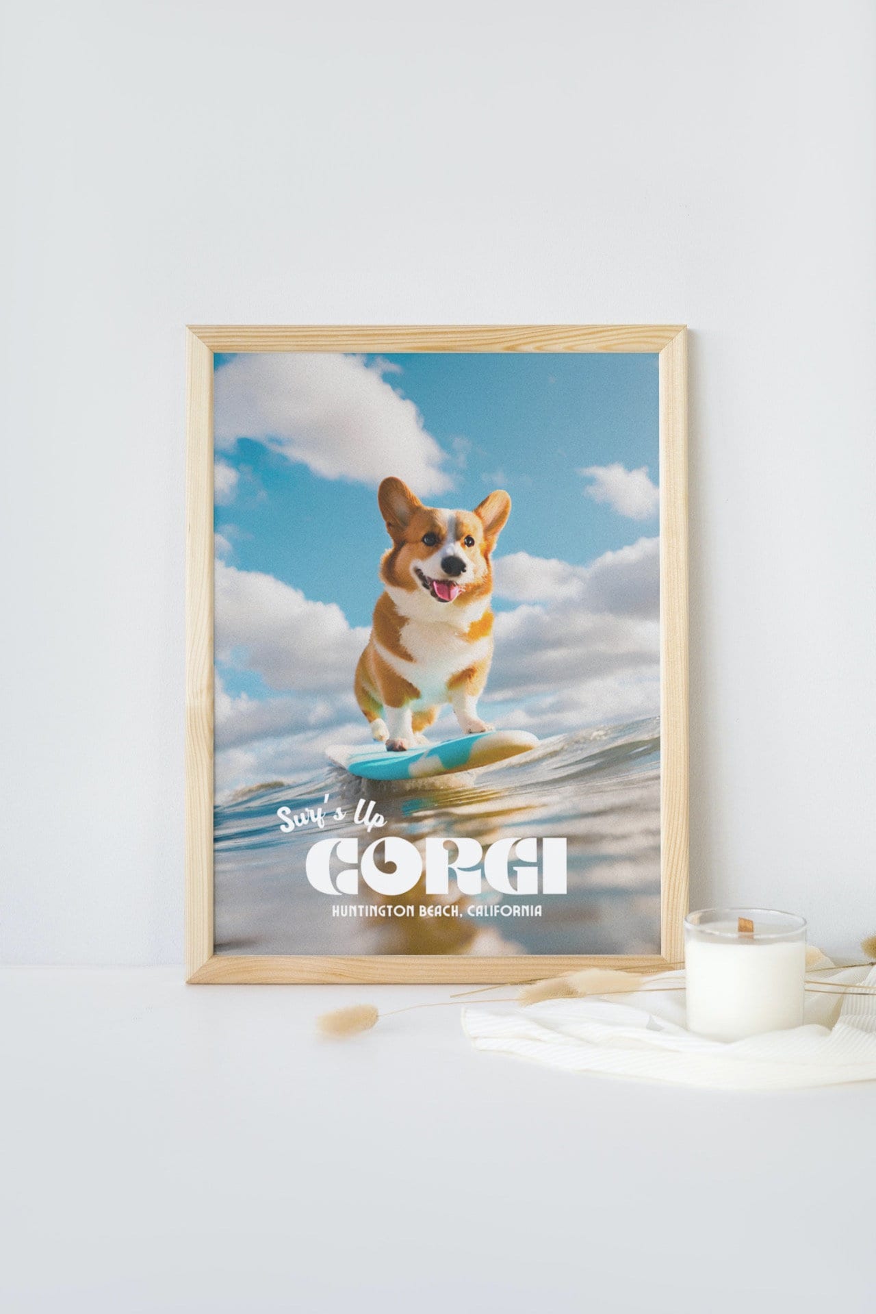 Corgi Dog Surfing Poster, Custom Pet Portrait, Surf Print, Coastal ...