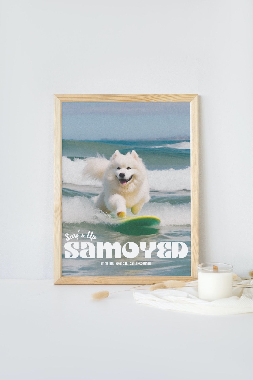 Samoyed Surfing Poster, Custom Pet Portrait, Surf Print, Coastal Decor, Surf's Up, Nautical ...