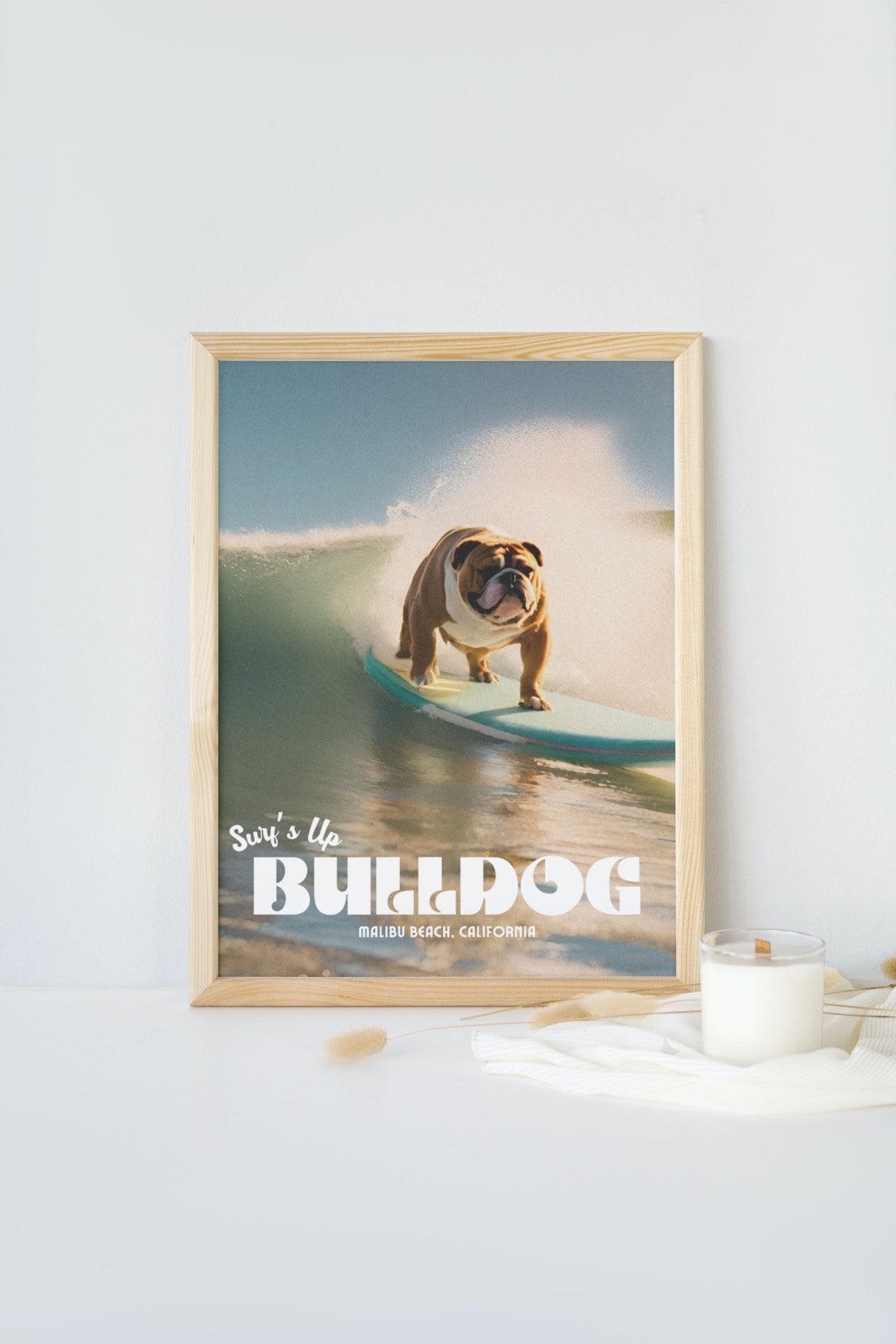 Bulldog Dog Surfing Poster, Bull Dog Custom Pet Portrait, Surf Print ...