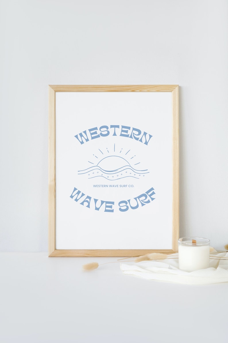 Surf Poster, Western Wave Surf Co, Coastal Cowgirl Wall Art, Light Blue ...