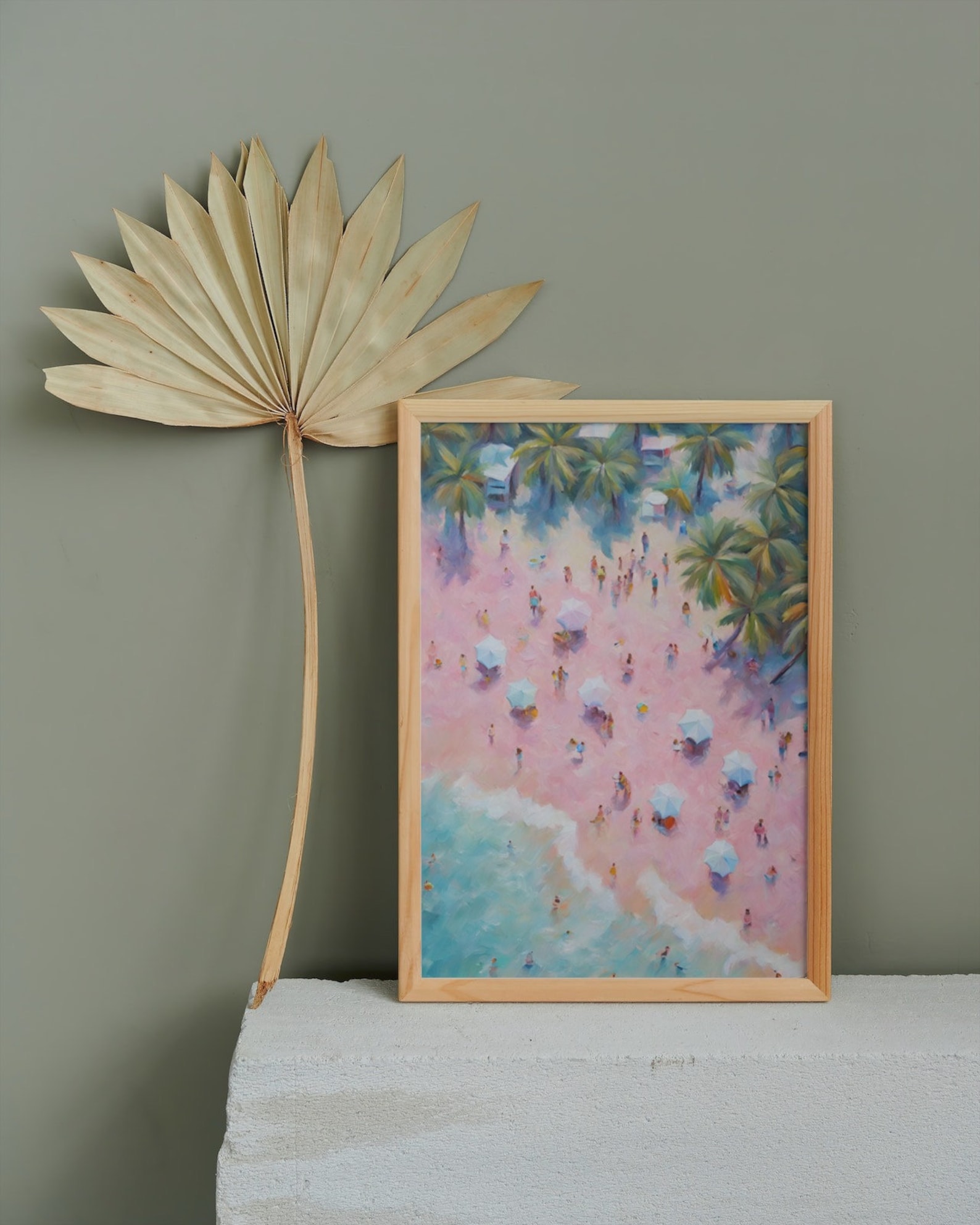 Pink Sand Beach Print, Retro Impasto Painting, Tropical Wall Art ...