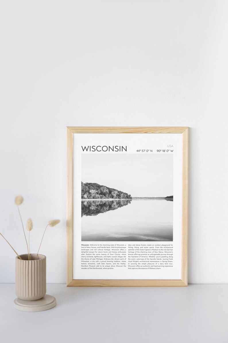 Wisconsin Black and White Digital Print, Vintage Wall Art, Travel Black ...