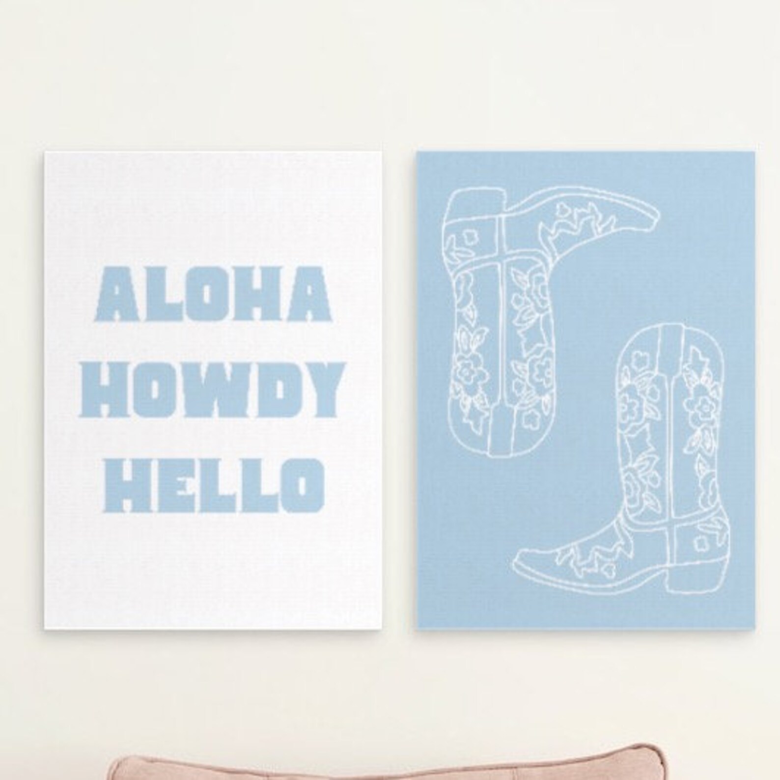 Aloha Howdy Hello, Cowgirl Blue Prints Set of 2, Light Blue Posters ...