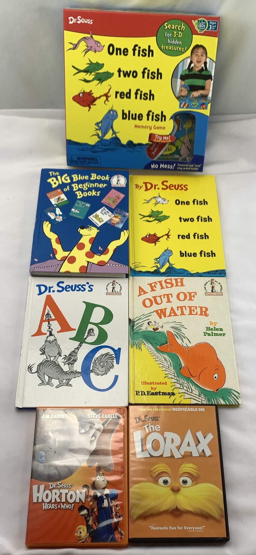 Dr. Seuss One Fish Two Fish Red Fish Blue Fish Memory Game W/books and ...