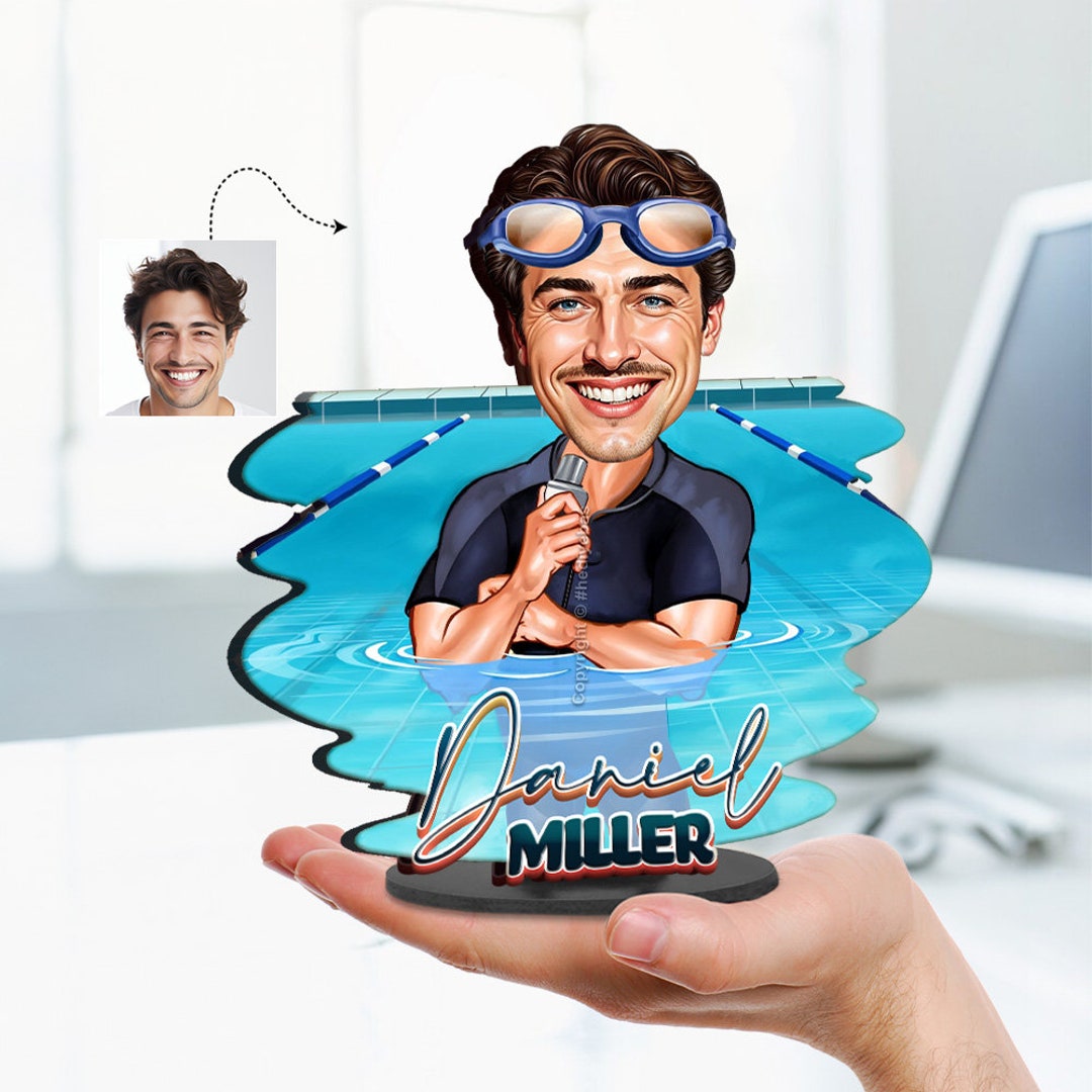 Personalized Swimming Coach Gift Cartoon Figurine Trinket 3D Wooden ...