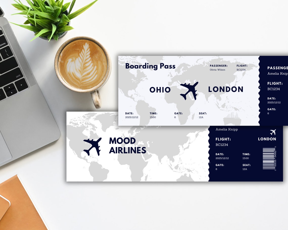 Modern Boarding Pass Airlines Ticket Template, Printable Airline Ticket ...