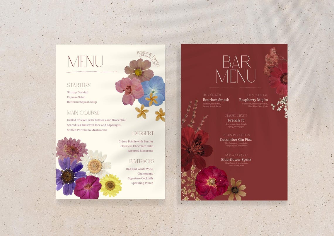 Elegant and Stylish Floral Themed Wedding Menu and Bar Menu Templates ...