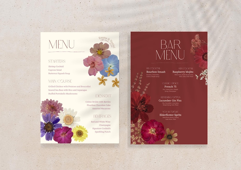 Elegant and Stylish Floral Themed Wedding Menu and Bar Menu Templates ...
