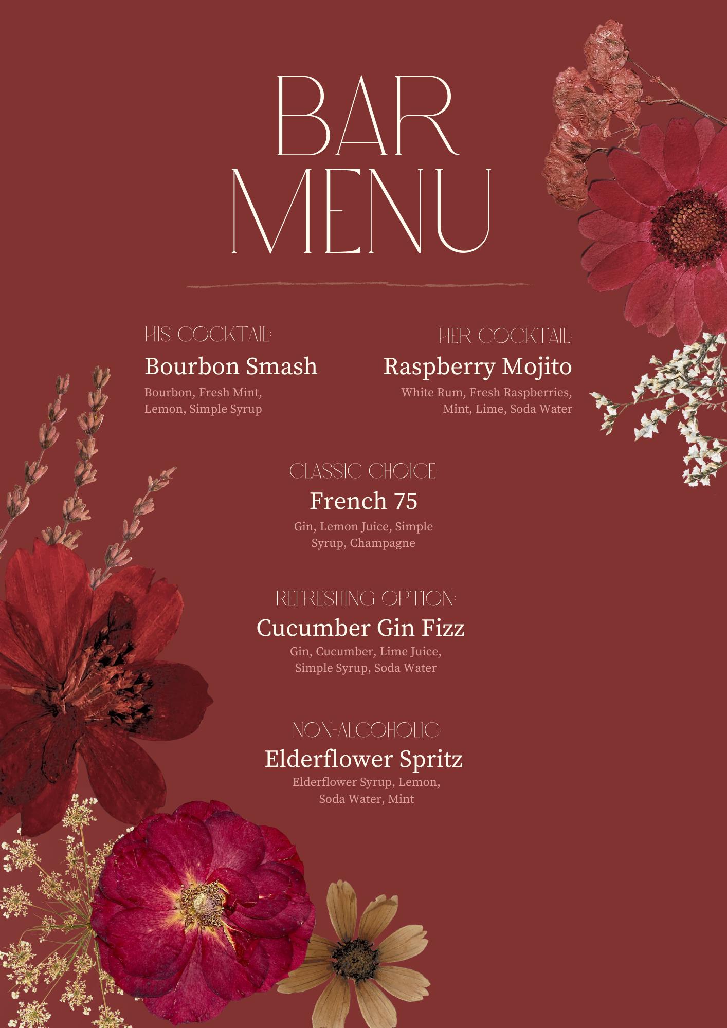 Elegant and Stylish Floral Themed Wedding Menu and Bar Menu Templates ...