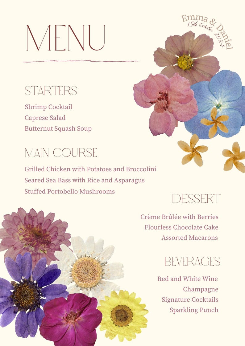 Elegant and Stylish Floral Themed Wedding Menu and Bar Menu Templates ...