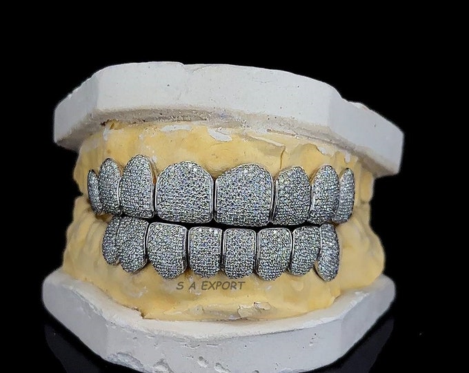 Tooth Grillz,8 Top & 8 Bottom Fully Iced Out Moissanite Diamond Grillz ...