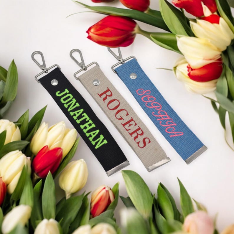Personalized Embroidered Name Keychain, Custom Key Fob Tag, Fabric Key ...