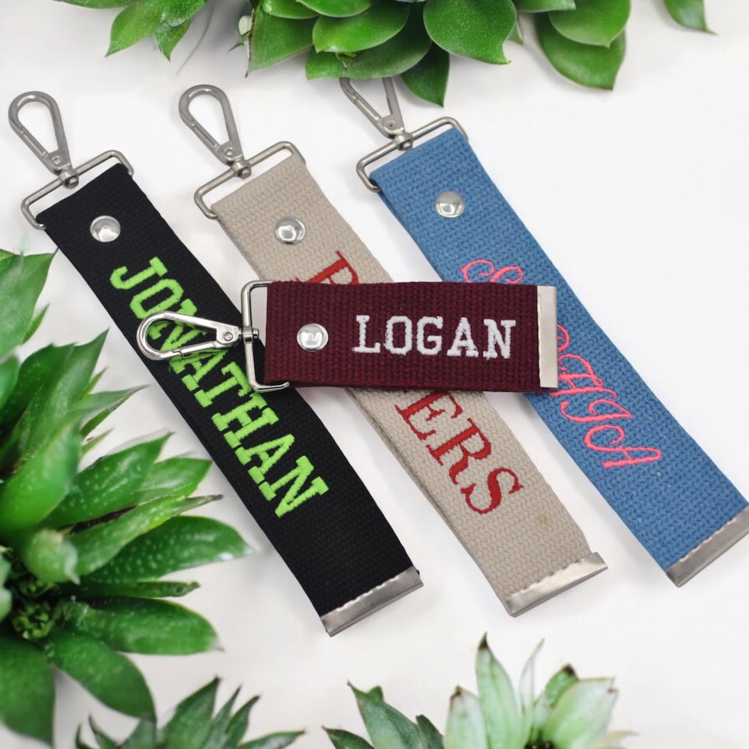 Personalized Embroidered Name Keychain, Custom Key Fob Tag, Fabric Key ...