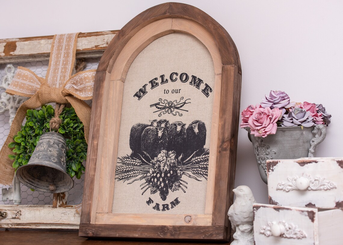 WELCOME FARM, SHEEP, Grain, Rustic Wall Art Decor, Farmhouse Arched ...