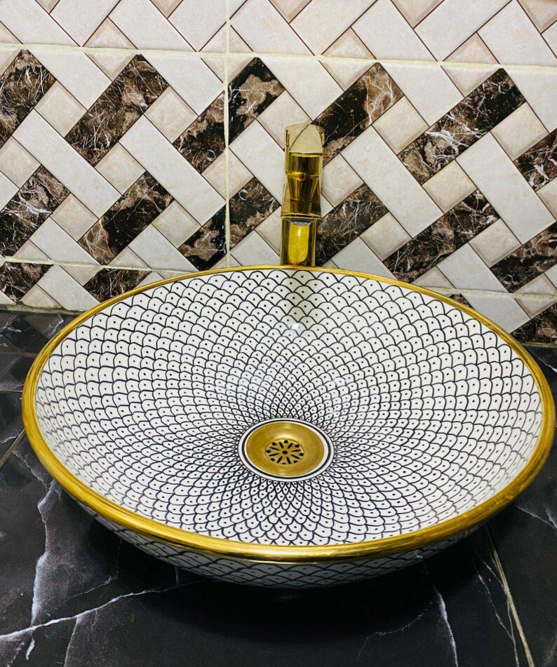 Moroccan Ceramic Basin-bathroom Wash Basin-copper Rim Ceramic Wash ...