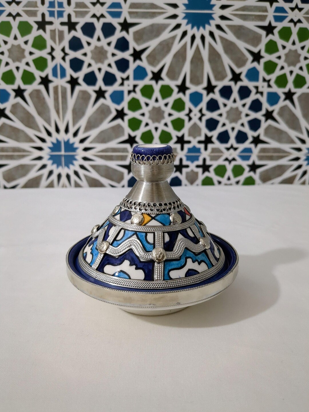Moroccan Ceramic Tagine – Blue and Silver Hand-painted Ceramic Tagine ...
