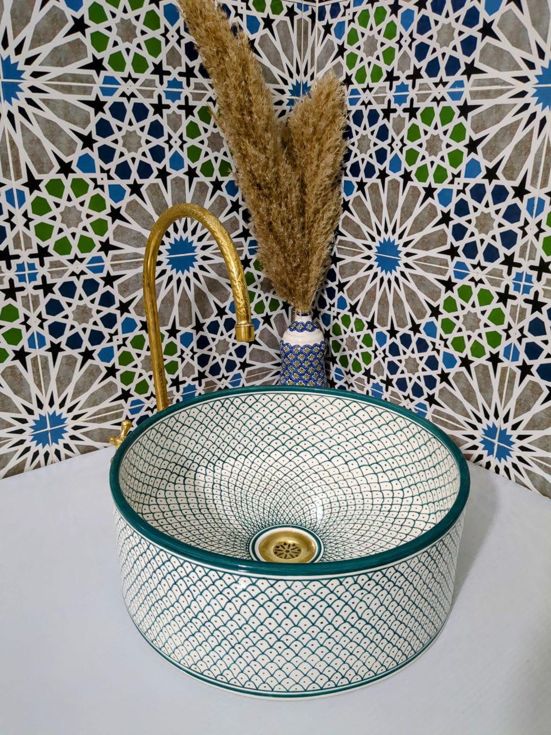 Handmade Moroccan Ceramic Sink: Green & White Geometric Vessel (40cm ...
