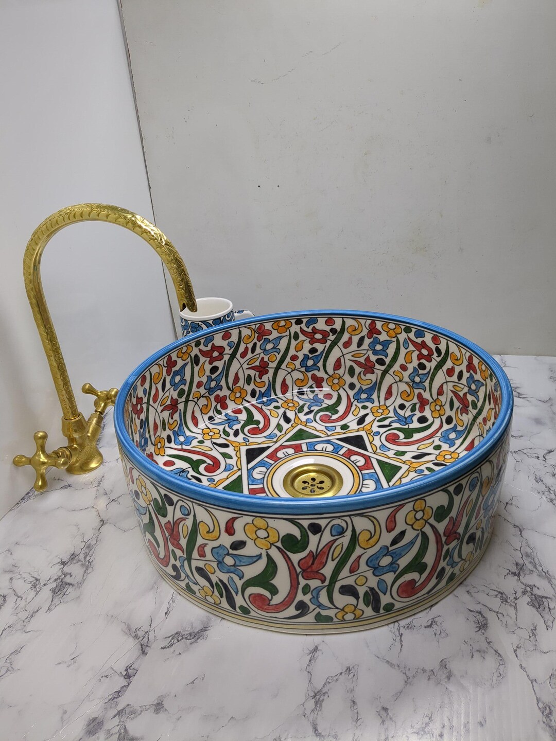 Moroccan Ceramic Sink–multicolor Hand-painted Basin–round Vessel Vanity ...