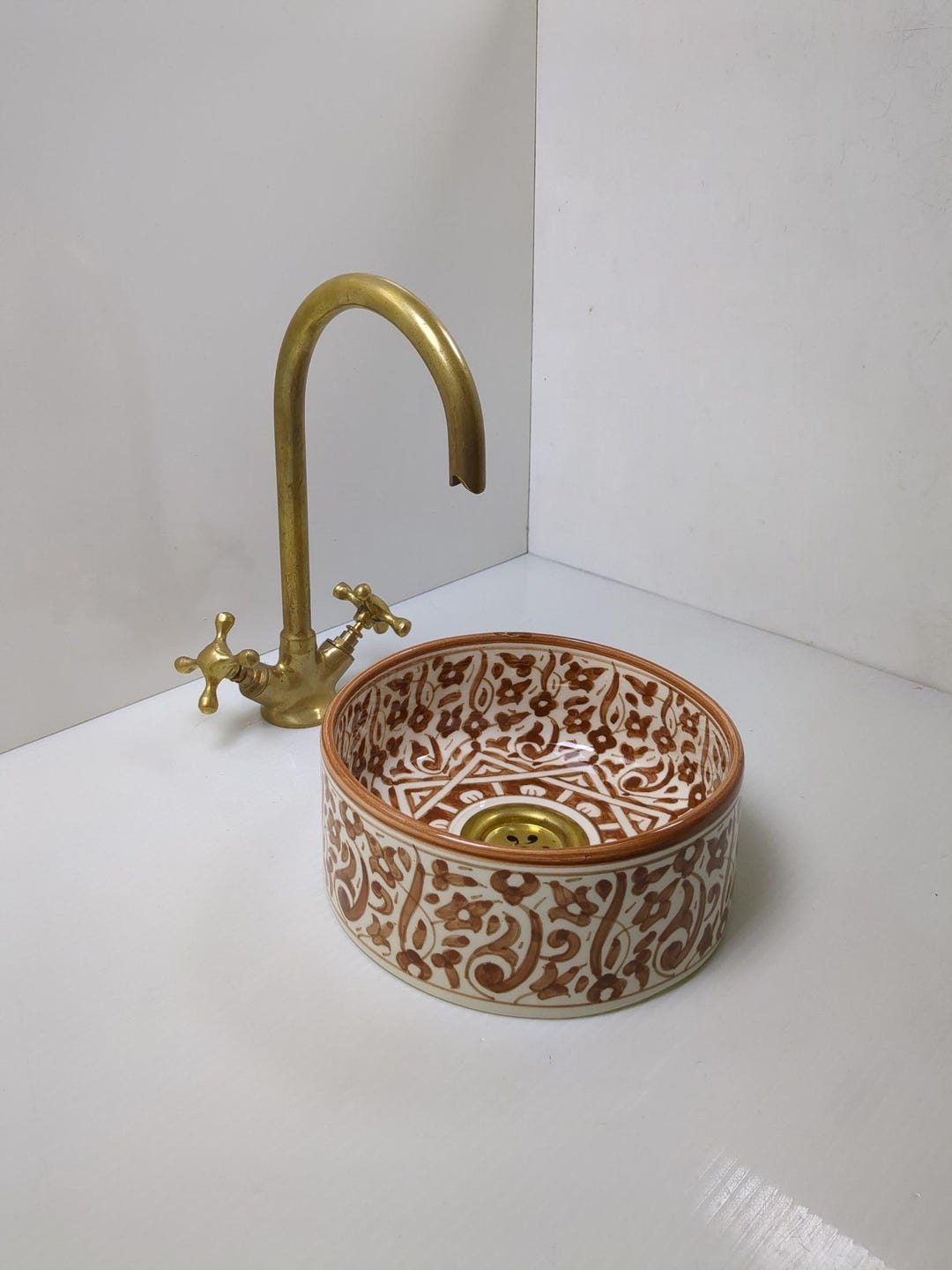Moroccan Handmade Brown Ceramic Sink Basin With Geometric Patterns ...