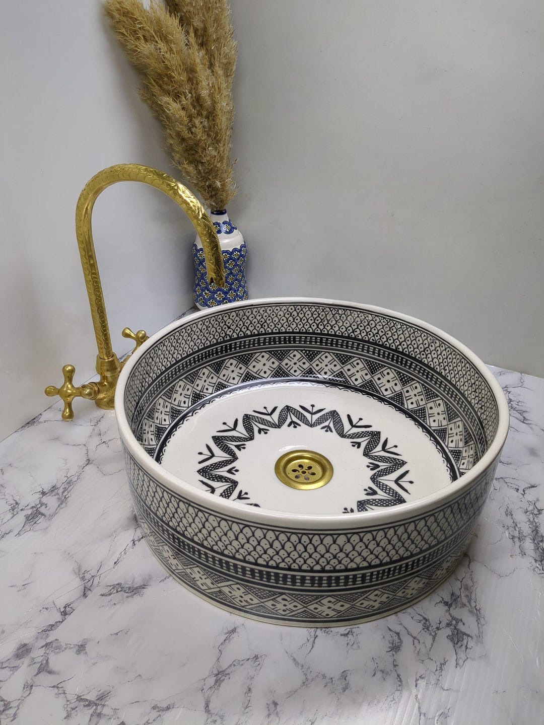 Round Moroccan Sink–black and White Hand-painted Basin–moroccan Ceramic ...