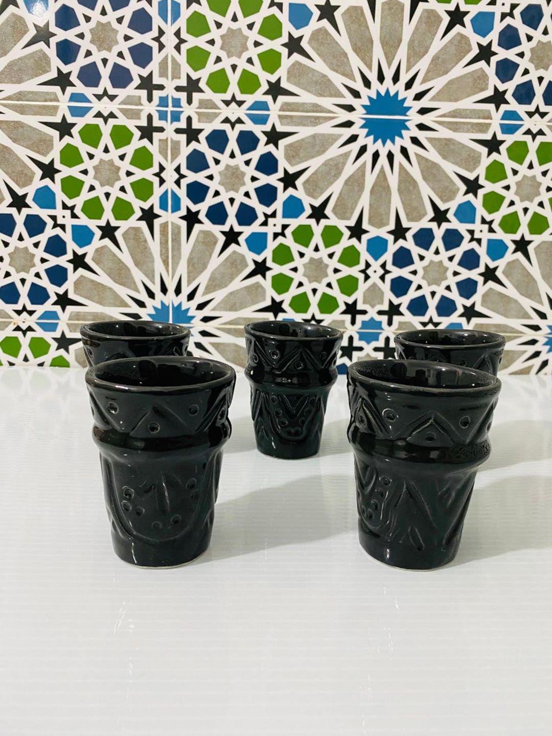 Black Moroccan Tea Cups–handmade Ceramic Set of 5–traditional Embossed ...