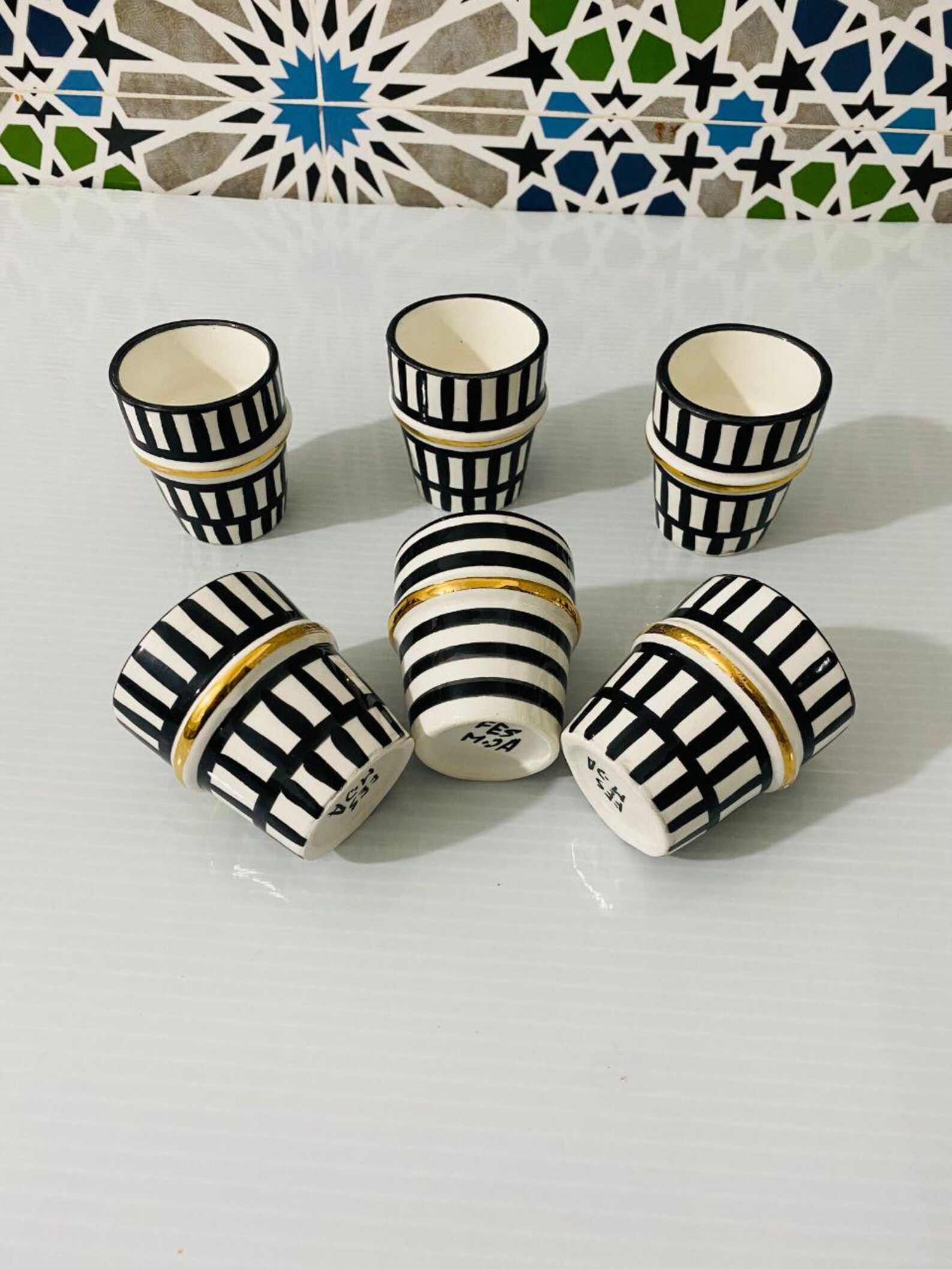Black White Cups-14k Gold Accent Cup-moroccan Cups-handmade Cups ...
