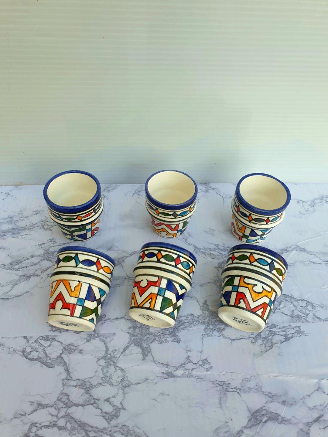 Set of 6 Handmade Moroccan Ceramic Cups–multicolor Hand-painted Tea ...