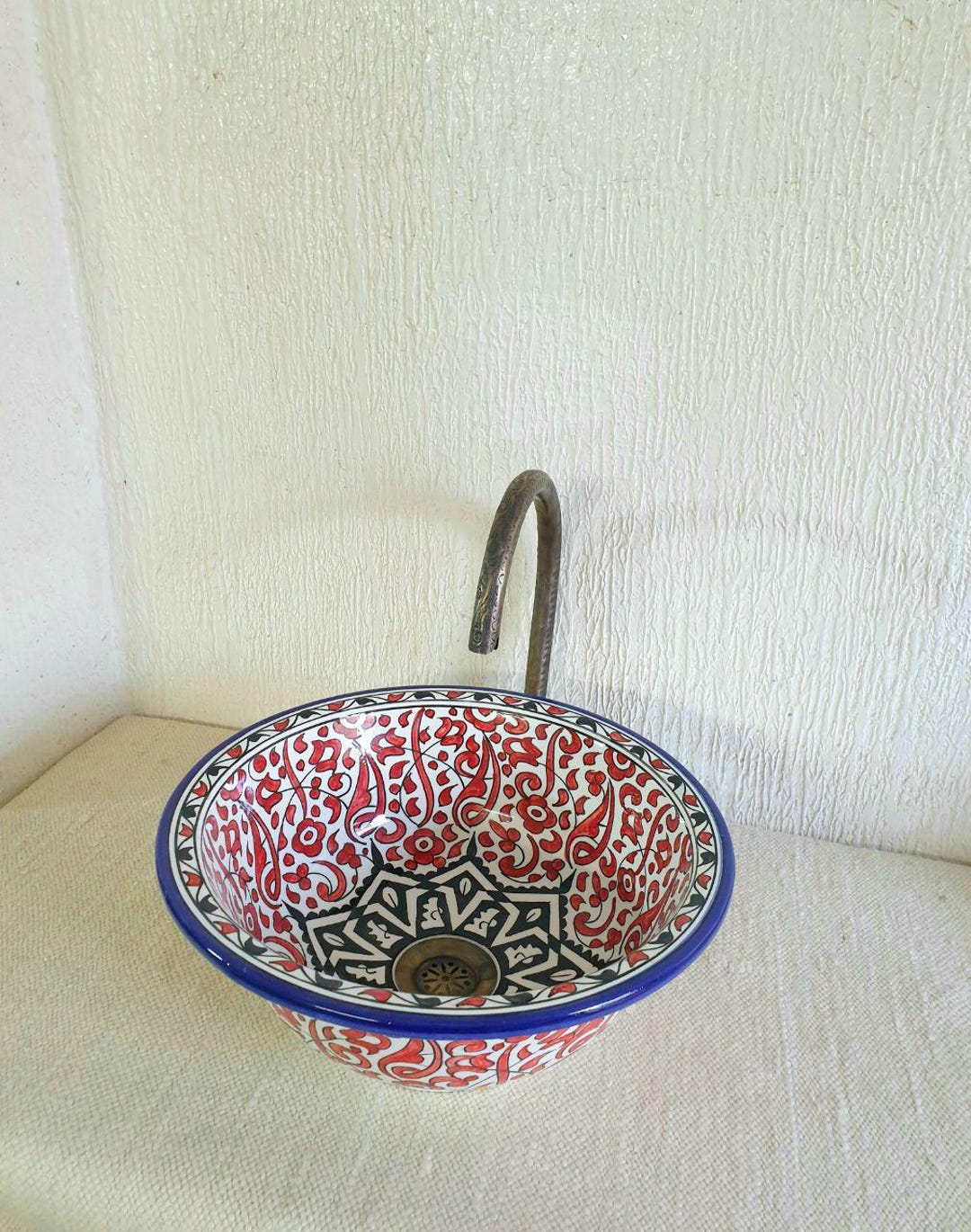 Moroccan Sink-ceramic Basin With Floral Design-red Handmade Wash Basin ...