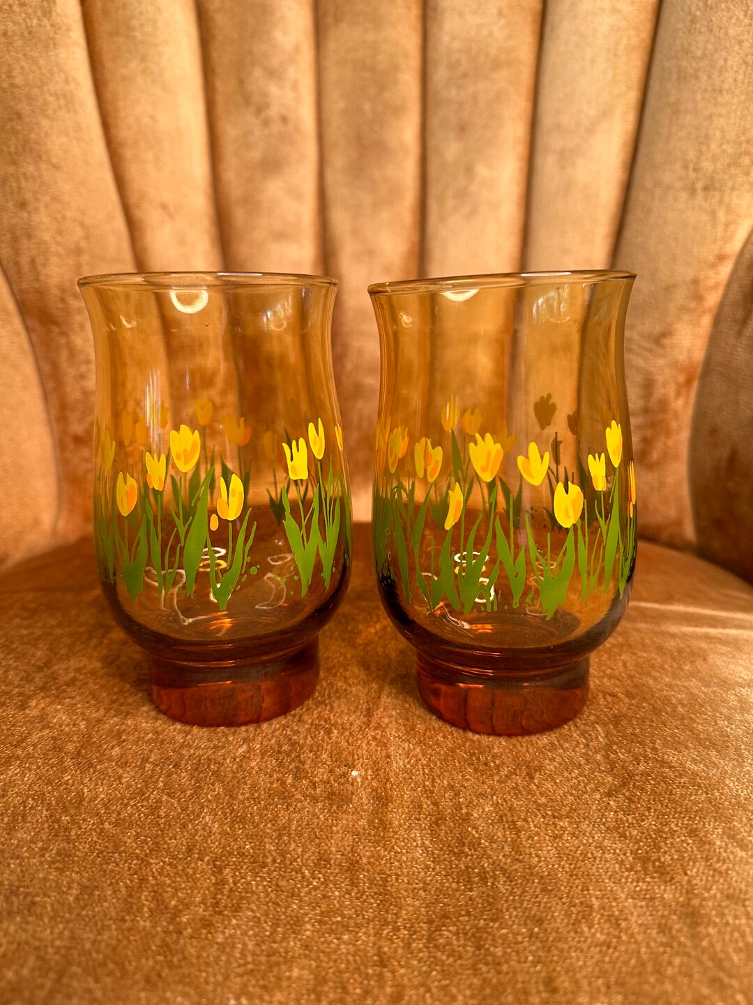Pair of Vintage Libbey Drinking Glasses Smoke Amber With Yellow Tulips ...