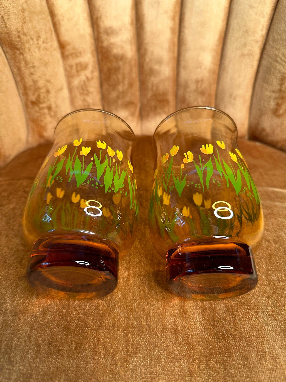 Pair of Vintage Libbey Drinking Glasses Smoke Amber With Yellow Tulips ...