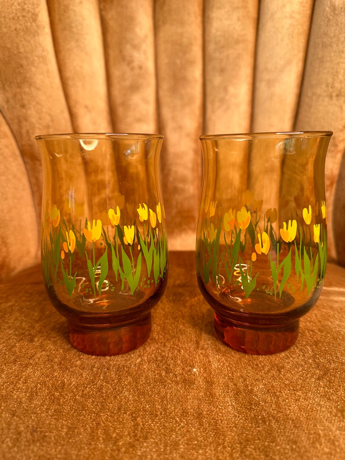 Pair of Vintage Libbey Drinking Glasses Smoke Amber With Yellow Tulips ...