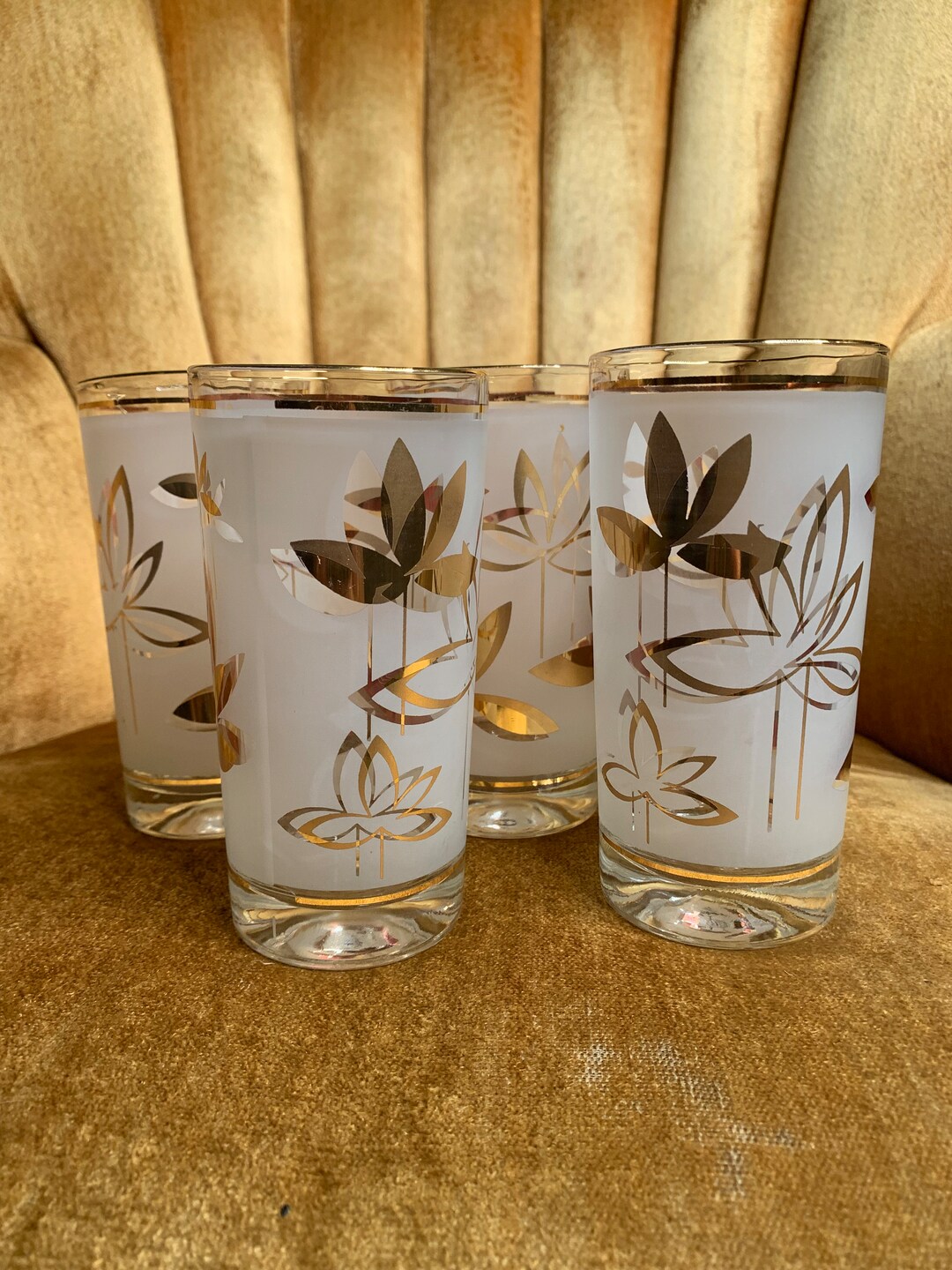 Set of 7 Vintage Mid Century Libbey Gold Lotus Frosted Highball ...