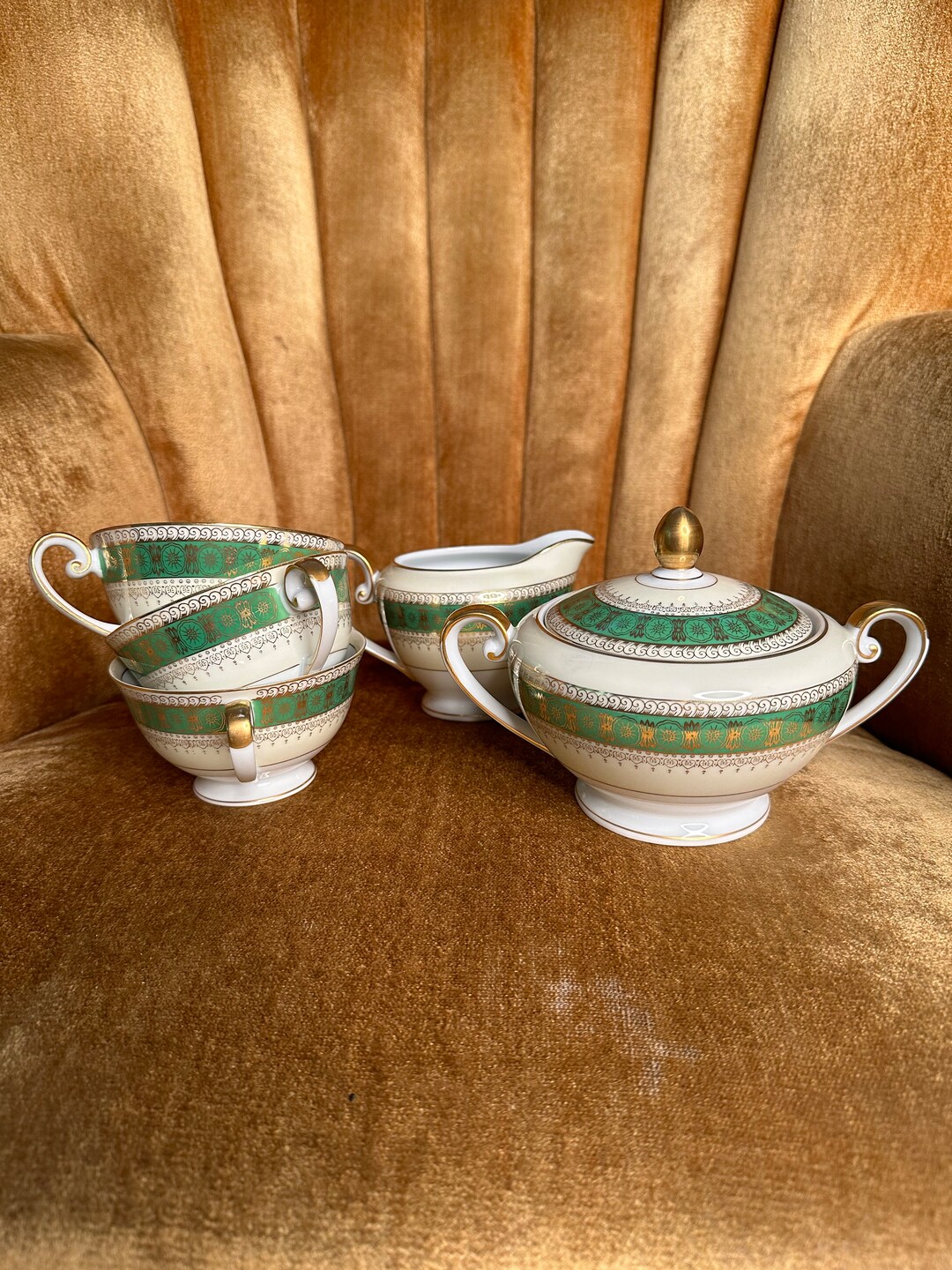 Albion China Made in Japan Creamer Sugar Bowl 3 Teacups Green Gold - Etsy