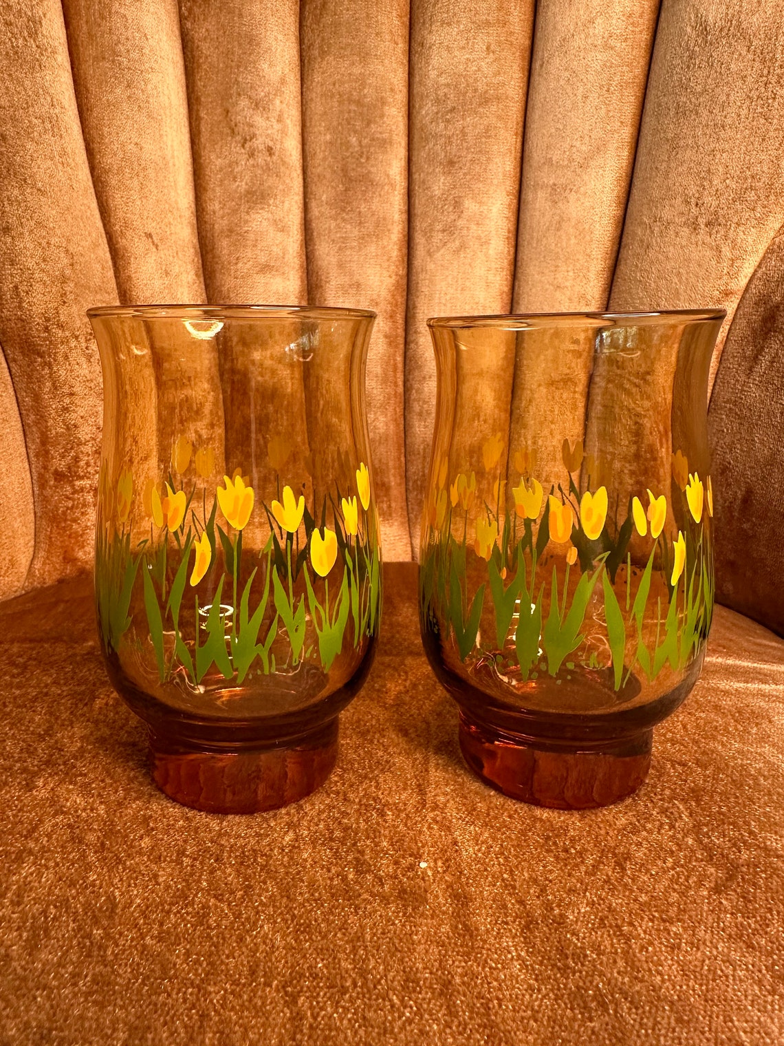 Pair of Vintage Libbey Drinking Glasses Smoke Amber With Yellow Tulips ...