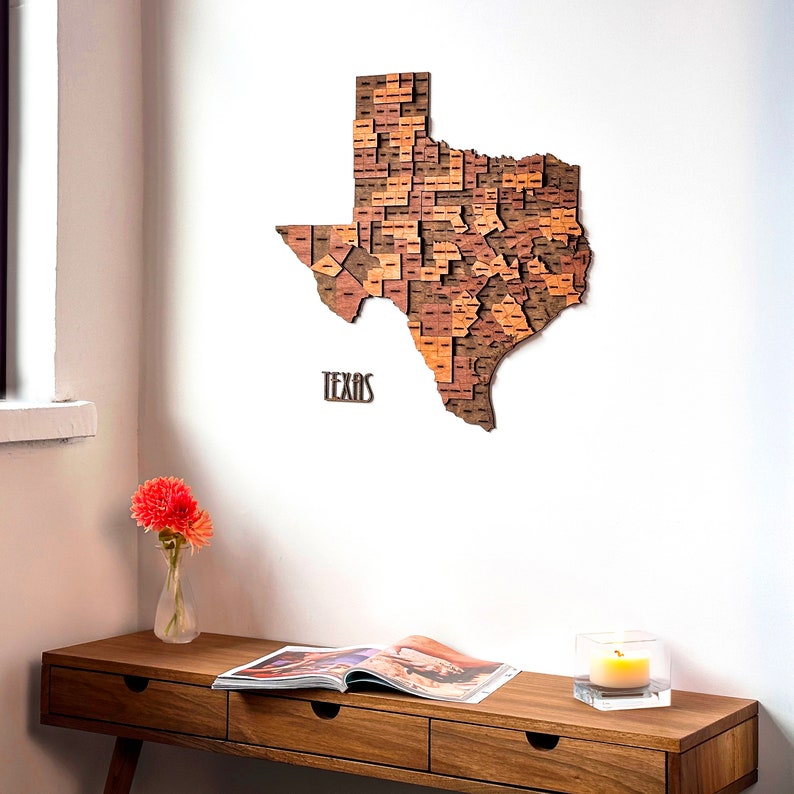 Wooden Texas Map Wall Art 3D Map of Texas Wall Decoration Home Office ...