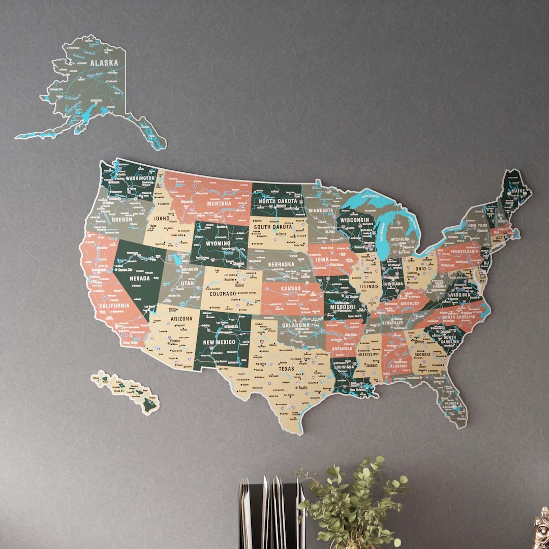 USA Map Wall Art United States Travel Map Home Office Decor New Home ...
