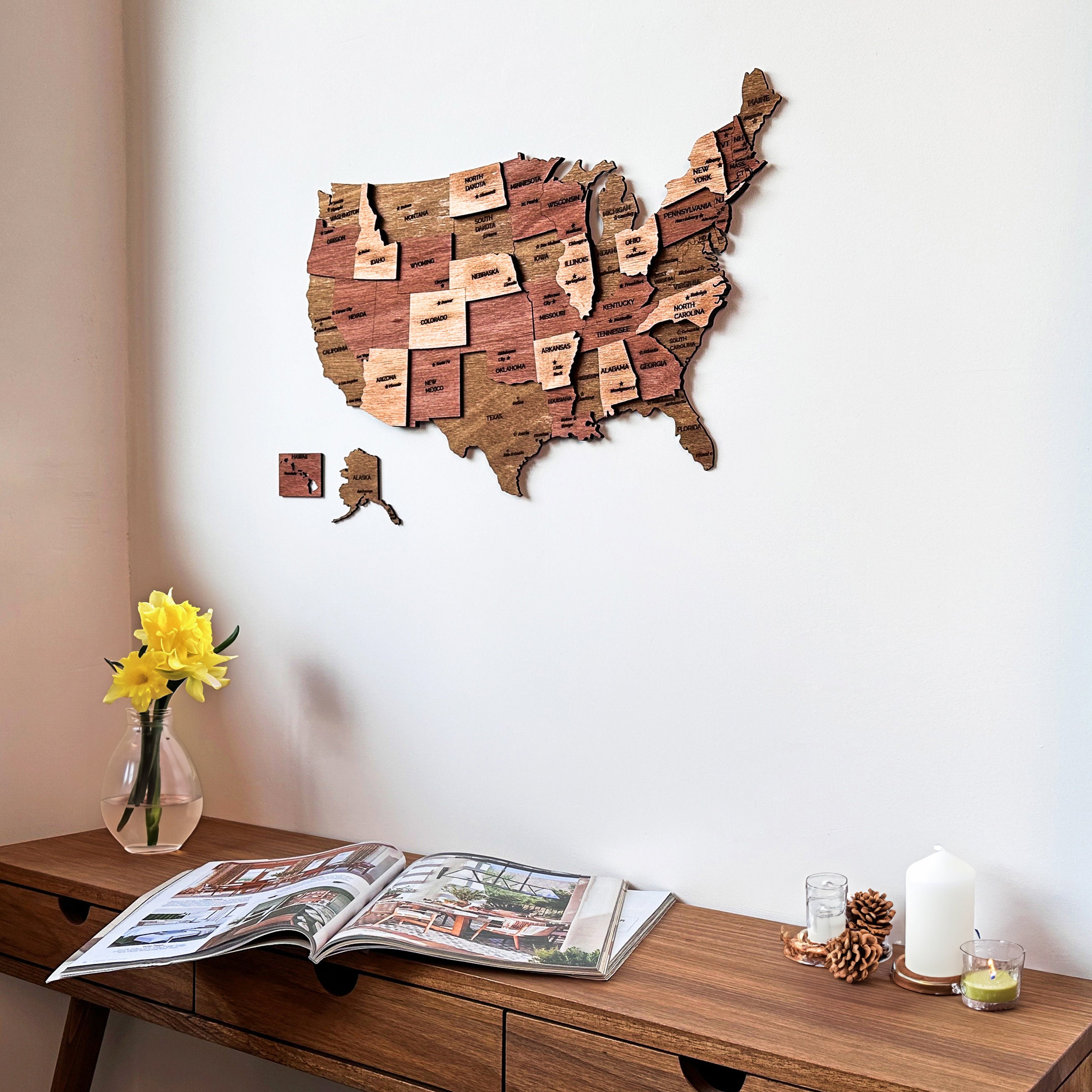 Wooden USA Travel Map Wall Art 3D Map of United States US Home Office ...
