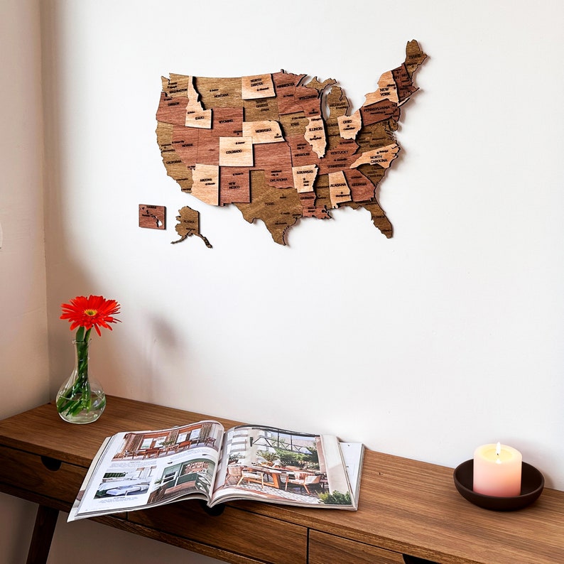Wooden USA Travel Map Wall Art 3D Map of United States US Home Office ...