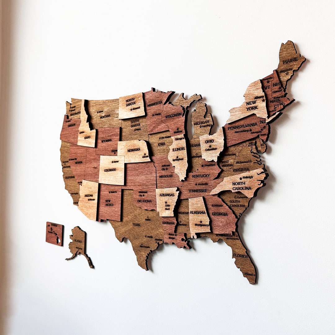 Wooden USA Travel Map Wall Art 3D Map of United States US Home Office ...
