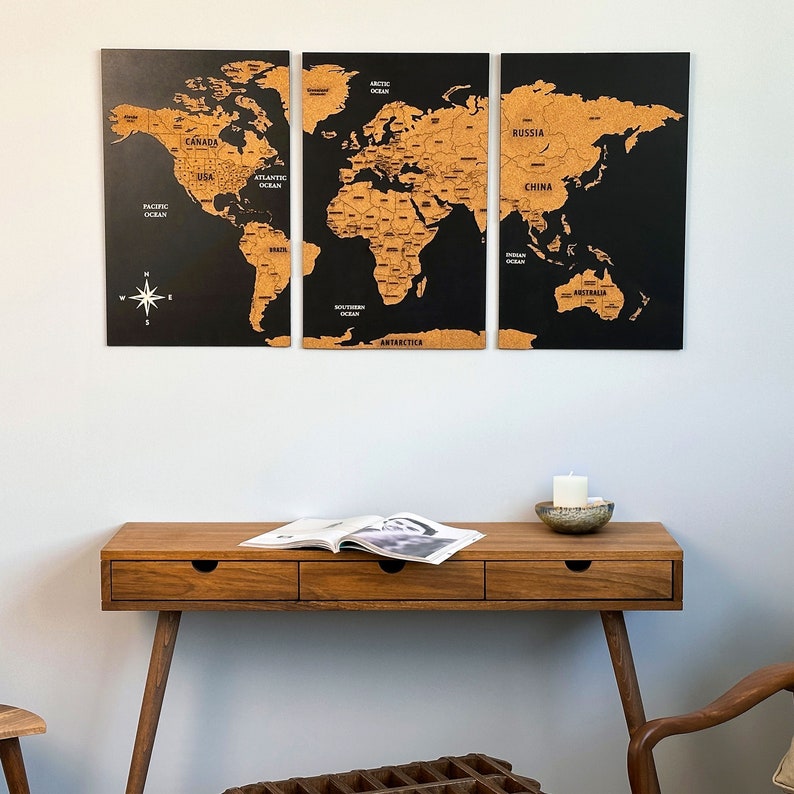 Wooden World Map for Wall Art Push Pin Travel Map With Pins Cork World ...