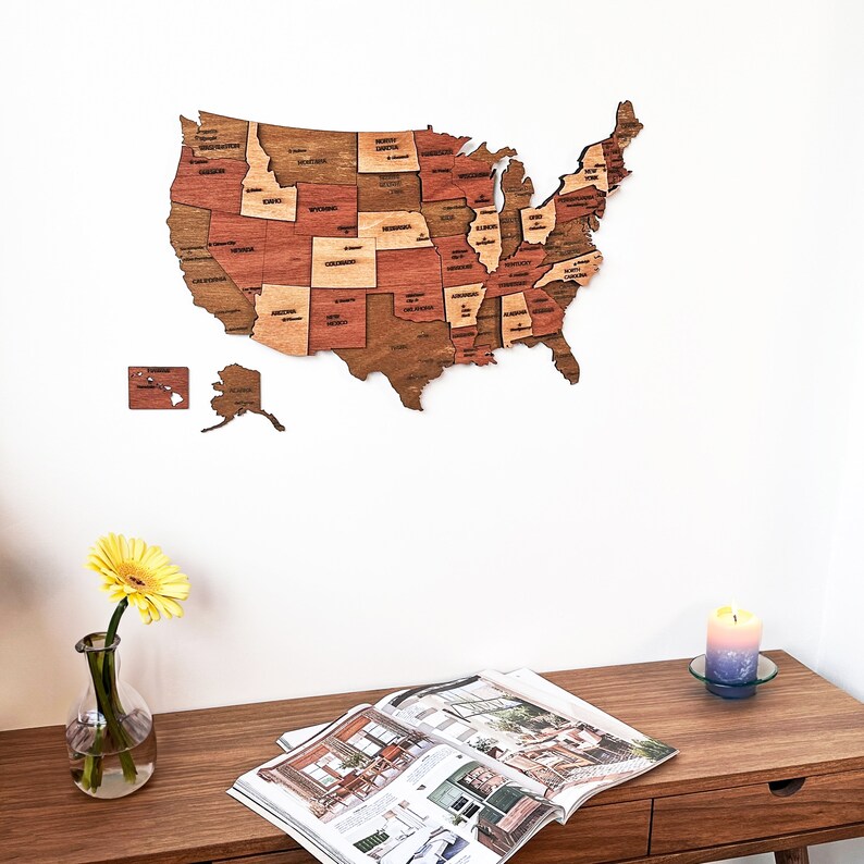 Wooden USA Travel Map Wall Art 3D Map of United States US Home Office ...