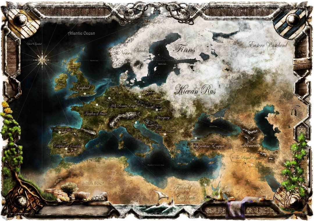 Decorative Map of Europe Year 1000 - Etsy