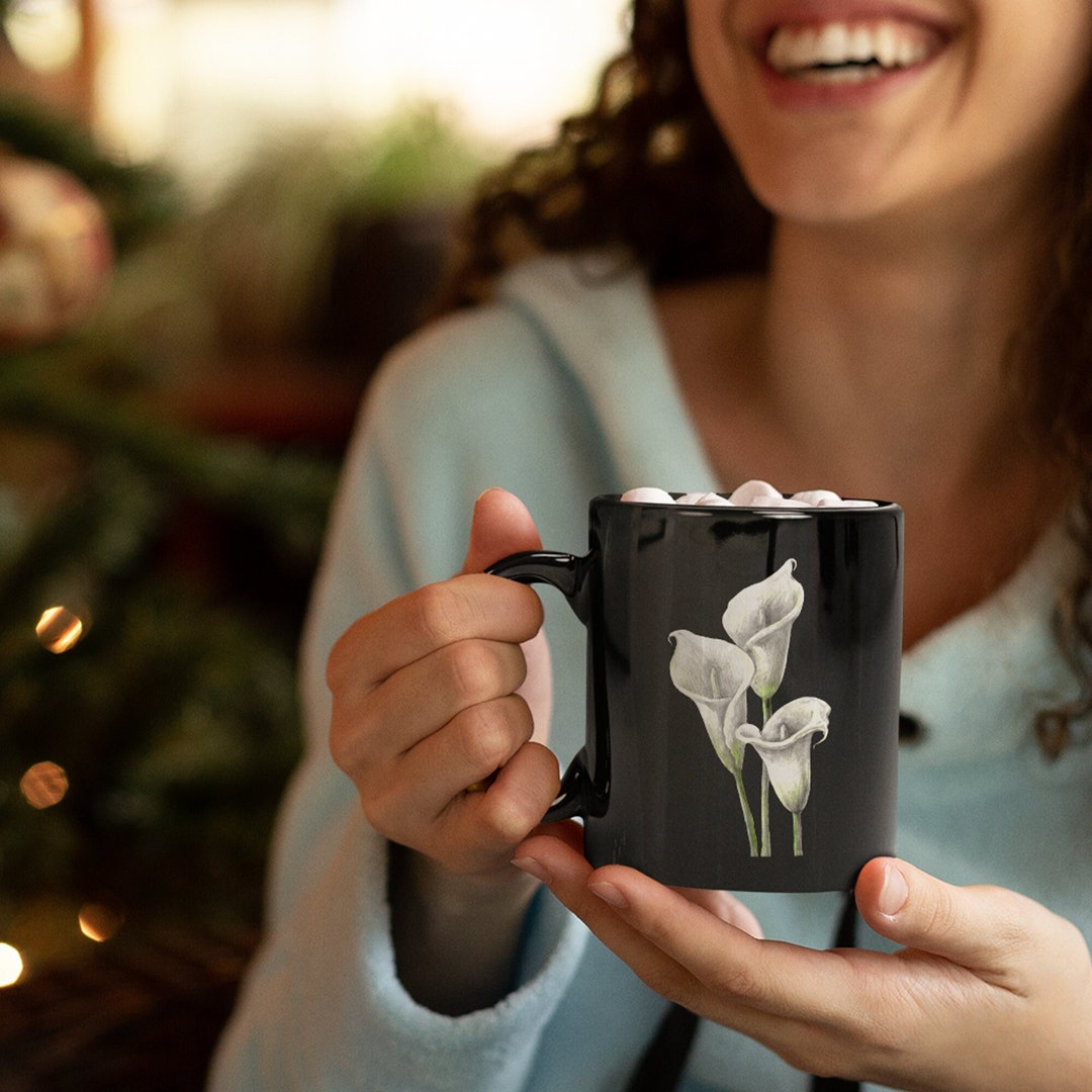 Calla Lily Drawing - Black Ceramic Mug - Floral Coffee Cup - Etsy