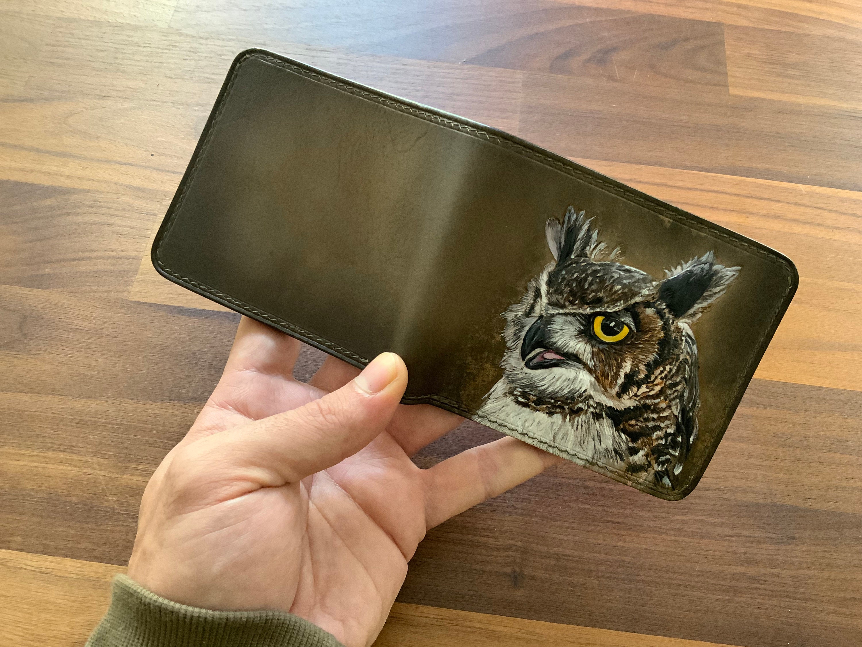 Owl Leather Wallet Horned Owl Wallet Leather Carving Wallet - Etsy