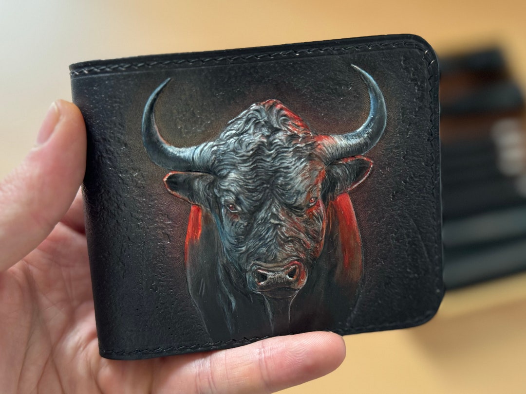 Bull Leather Carving Wallet, Taurus Leather Wallet, Hand Carved Wallet ...